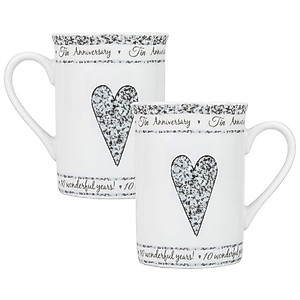 Beautifully Designed 10th Tin Wedding Anniversary Set of Ceramic Mugs with Hearts | Dishwasher and Microwave Safe with Decorative Keepsake Box