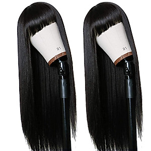 TIMANZO Long Straight Remy Hair Wigs Natural Black Heat Resistant Fiber Hair Full Machine Wig with Bangs Cosplay Party Wig For Fashion Women(24 Inches Natural Black Hair)