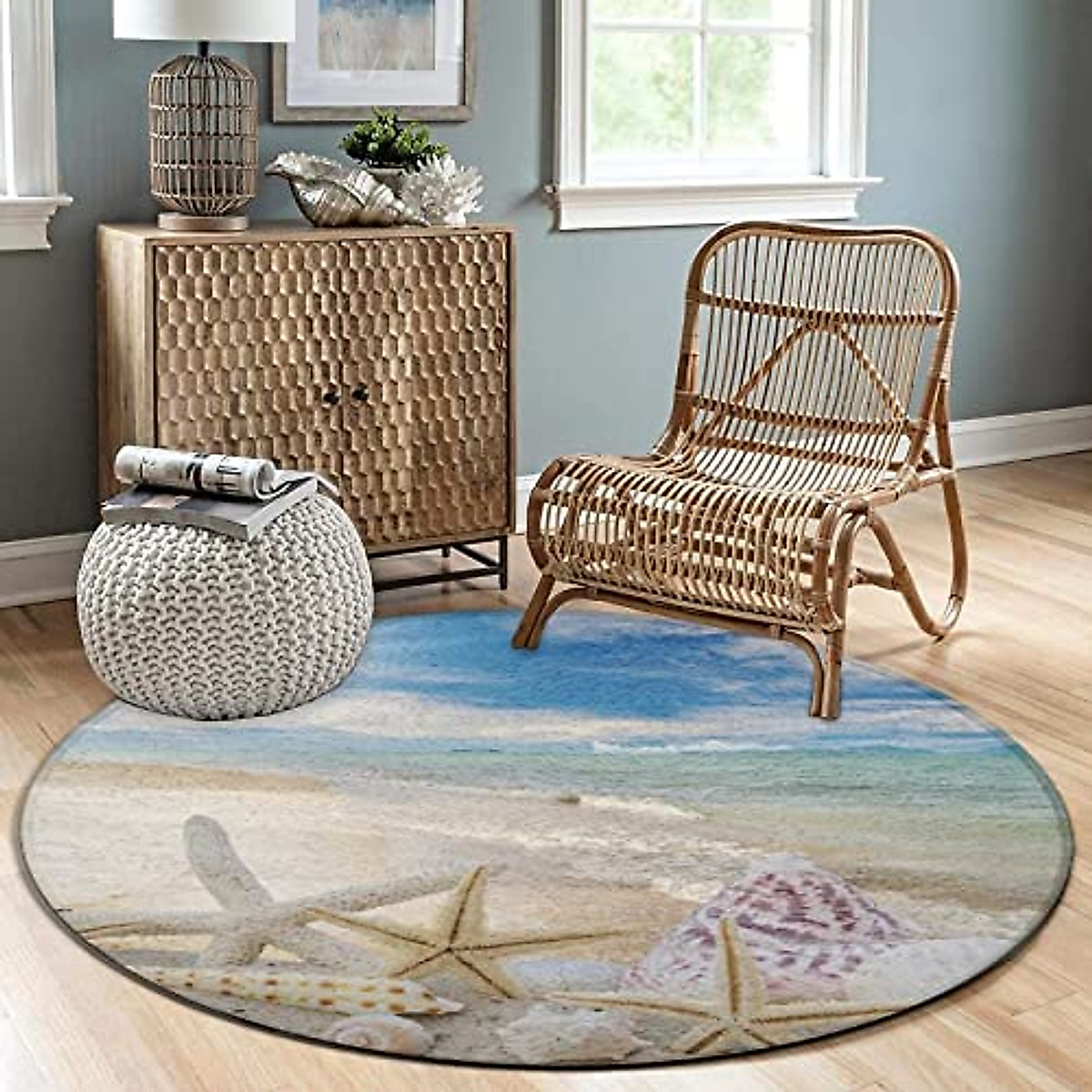 Luxury Soft Round Area Rug Home Decor for Bedroom Living Room Office, Ocean Beach Starfish Seashells Nature Starfish Shells, Fashion Throw Rug Circle Carpet, 2ft Diameter