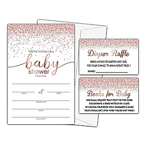 Baby Shower Invitation Kit, Diaper Raffle Games, Books For Baby, Pink Rose Gold Baby Gender Reveal Fill In Invites Cards, Each Design 25 Cards & 25 Envelopes （A Total of 100 set） - BABYSET-003