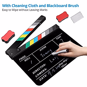 Temery Acrylic Film Clapper Board -12 x 10in Plastic Movie Film Clap Board, Movie Theater Decor Clapboard with a Magnetic Blackboard Eraser, Two Custom Pens, Cleaning Cloth and Hexagonal Wrench