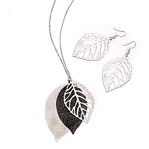 NVENF Leaves Earrings and Long Necklaces Set Multi Tiered Leaf Pendant Necklace Fashion Statement Earrings Metal Sparkling Modern Jewelry Sets (C Silver & Black)