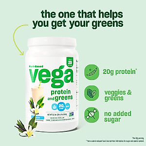 Vega Protein and Greens Protein Powder, Vanilla - 20g Plant Based Protein Plus Veggies, Vegan, Non GMO, Pea Protein for Women and Men, 21.7 Ounce (Packaging May Vary)