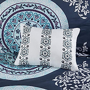 Intelligent Design Complete Bed In A Bag Casual Boho Comforter with Sheet Set Decorative Pillow, All Season Bedding Set, Queen, Loretta Navy 9 Piece