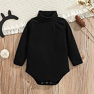 oneflow Newborn Infant Baby Boy Girl Fall Outfit Turtleneck Bodysuit Shirt Long Sleeve Romper Top Basic Solid Warm Clothes (12-18 Months,Black Turtleneck)