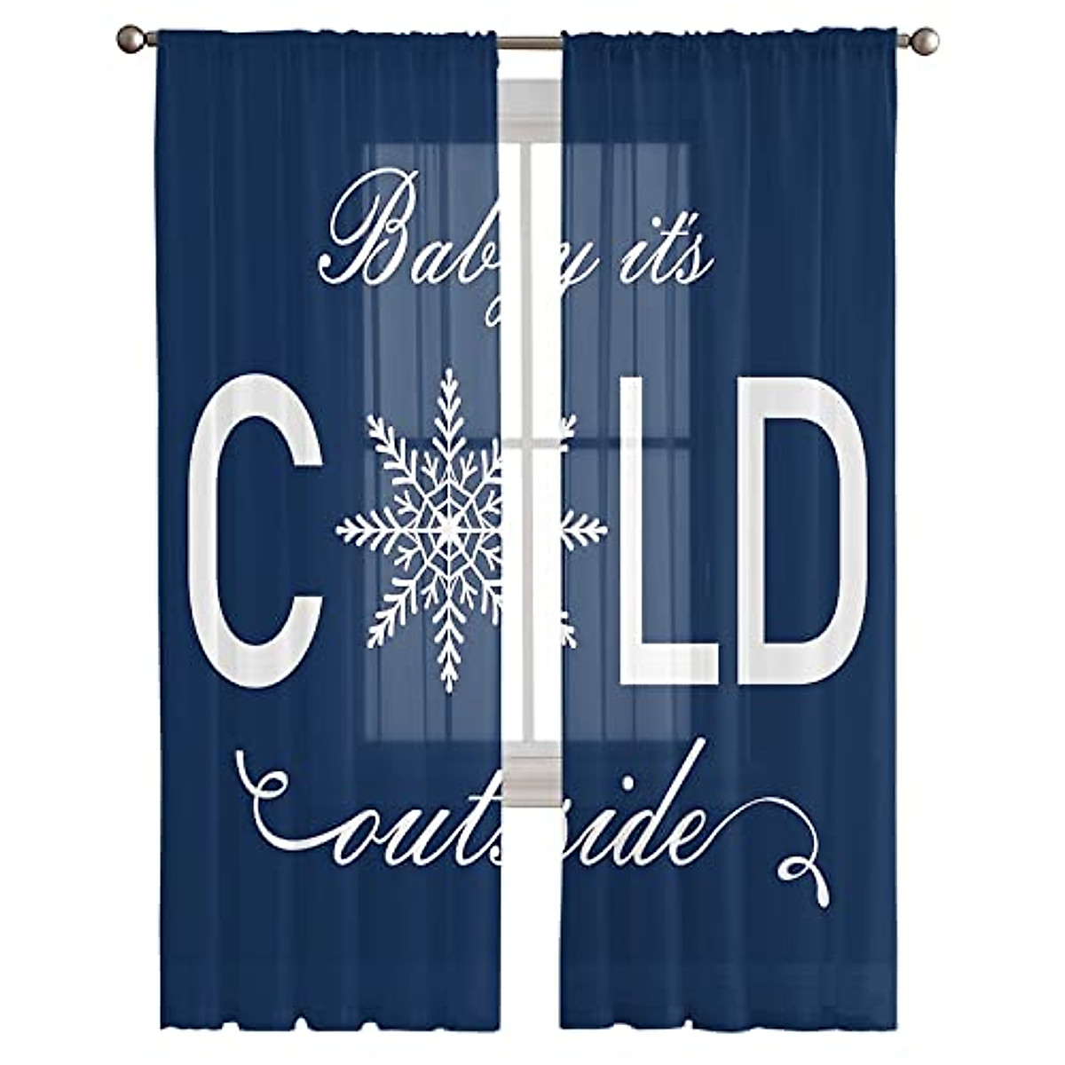 Sheer Curtains Voile Kitchen Curtain 108 Inch Length, Christmas Semi Curtains Light Filtering Window Curtain Rod Pocket 2 Panels Drapes for Bedroom Living Room Cold Winter Snowflakes Blue Backdrop