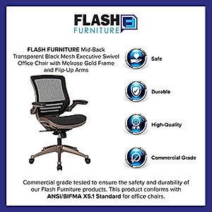 Flash Furniture Warfield Mid-Back Transparent Black Mesh Executive Swivel Office Chair with Melrose Gold Frame and Flip-Up Arms