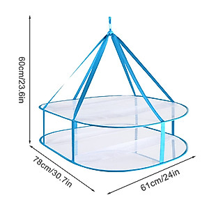 2 Tier Folded Mesh Clothes Hanging Dryer Sweater Drying Rack,Windproof Laundry Drying Rack,Foldable Hanging Mesh Dryer for Underwear Lingerie Sweater Outdoor, Indoor(blue,size:30.7x24x23.6inch)