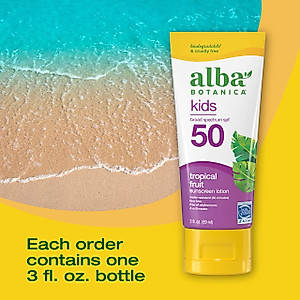 Alba Botanica Kids Sunscreen for Face and Body, Tropical Fruit Sunscreen Lotion for Kids, Broad Spectrum SPF 50, Water Resistant and Hypoallergenic, 3 fl. oz. Bottle