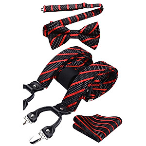 HISDERN Bow Tie and Suspenders for Men Red Striped Suspender and Bowtie Handkerchief Set Adjustable Y Shape 6 Clips Wedding Brace