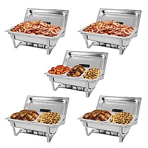 Restlrious Chafing Dish Buffet Set 8 QT Stainless Steel Foldable Rectangular Chafers and Buffet Warmer Sets w/Full & Half & Third Size Food Pan, Water Pan, Fuel Holder for Event Catering, 5-Pack