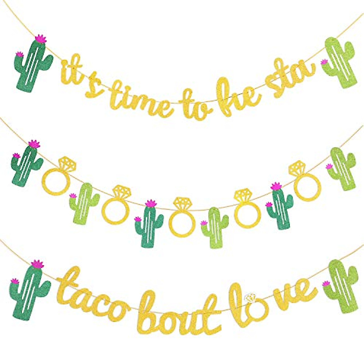 3 Pieces Mexican Fiesta Glitter Banner Taco Bout Love It's Time to Fiesta Cactus Pattern Garland Flag for Baby Shower Bridal Wedding Engagement Party Decorations
