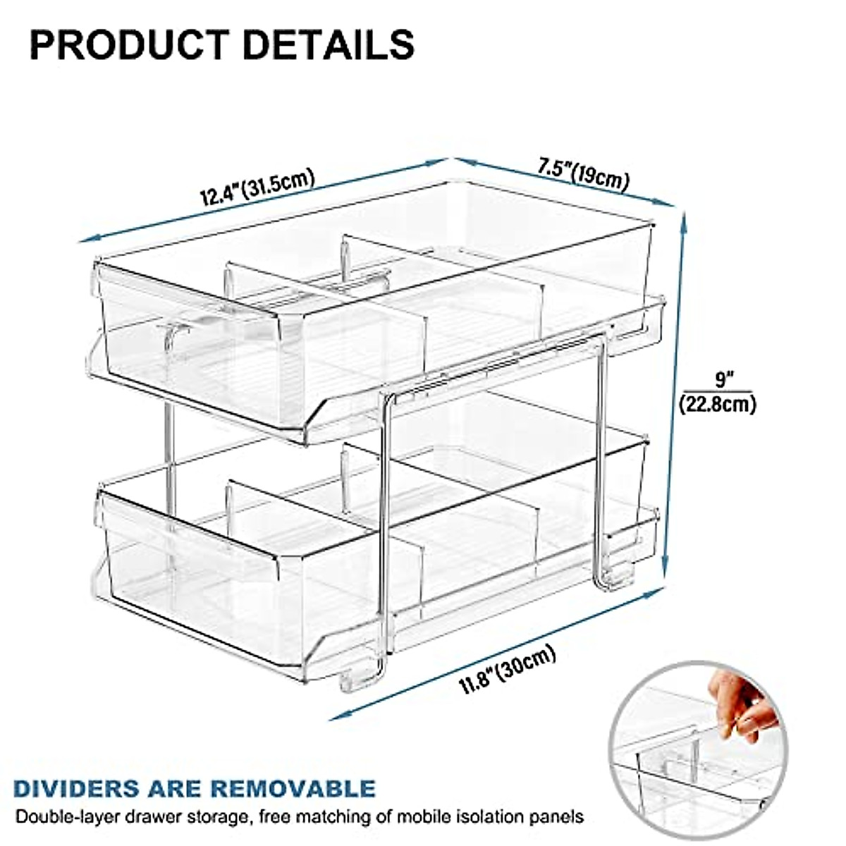 2 Set 2 Tier Clear Organizers and Storage with Dividers, Pull Out Under Sink Organizer, Multi-Purpose Drawer Basket, Kitchen Bathroom Countertop Vanity Pantry, Medicine Cabinet Storage Bins