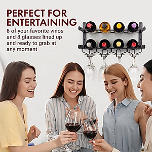Mildenhall Industrial Wine Rack Wall Mounted with Wine Glass Rack Horizontal Wine Bottle Glass Holder - Holds 8 x Glasses and 8 x Wine Bottles - Sturdy Carbon Steel Construction - 17 x 7.5 in