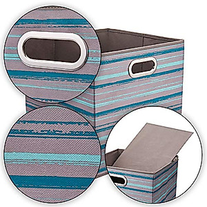i BKGOO Cloth Storage Bins Set of 4 Thick Fabric Drawers Foldable Cubes Basket Organizer Container with Dual Metal Handles for Shelf Cabinet Bookcase Boxes Gray-Blue stripes 13x13x13 inch