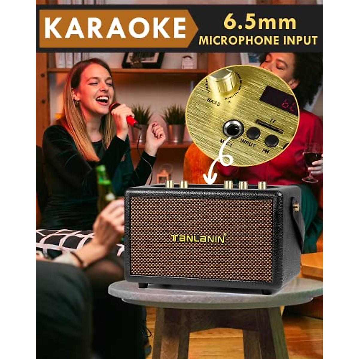 TANLANIN Vintage Bluetooth Speakers Rechargeable Portable Wireless Retro Style Leather Speakers 8H Long Playtime Bluetooth 5.0 Heavy Bass Music Player, TWS/USB/TF Slot/Remote Control/UHF Wireless Mic