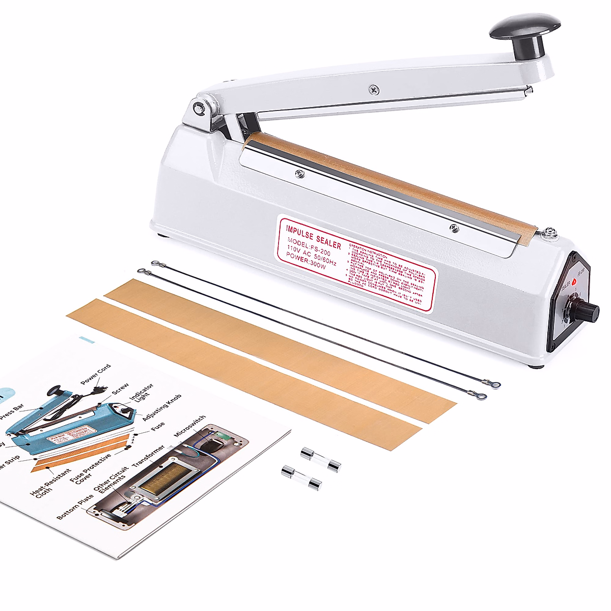 METRONIC Impulse Sealer 8 inch, Manual Heat Sealer Machine for Plastic Bags, Shrink Wrap Bag Sealers Heavy Duty Sealing Machine With Repair Kit (White)