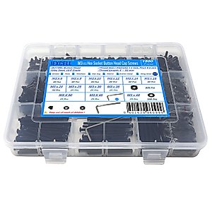 iexcell 1500 Pcs M3 x 6/8/10/12/14/16/20/25/30/35/40/45/50 Alloy Steel 10.9 Grade Hex Socket Button Head Cap Screws Bolts Nuts Washers Assortment Kit, Black Oxide Finish