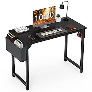 Computer Desk Small Office Desk 40 Inch Writing Desks Small Space Desk Study Table Modern Simple Style Work Table with Storage Bag Headphone Hook Wooden Tabletop Metal Frame for Home, Bedroom