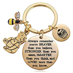 Inspired by Winnie the Pooh Classic Gifts You Are Braver Than You Believe, Bee, Honey Pot, Pooh Bear Charm Keychain for Pooh Loving Women Girls, Gold
