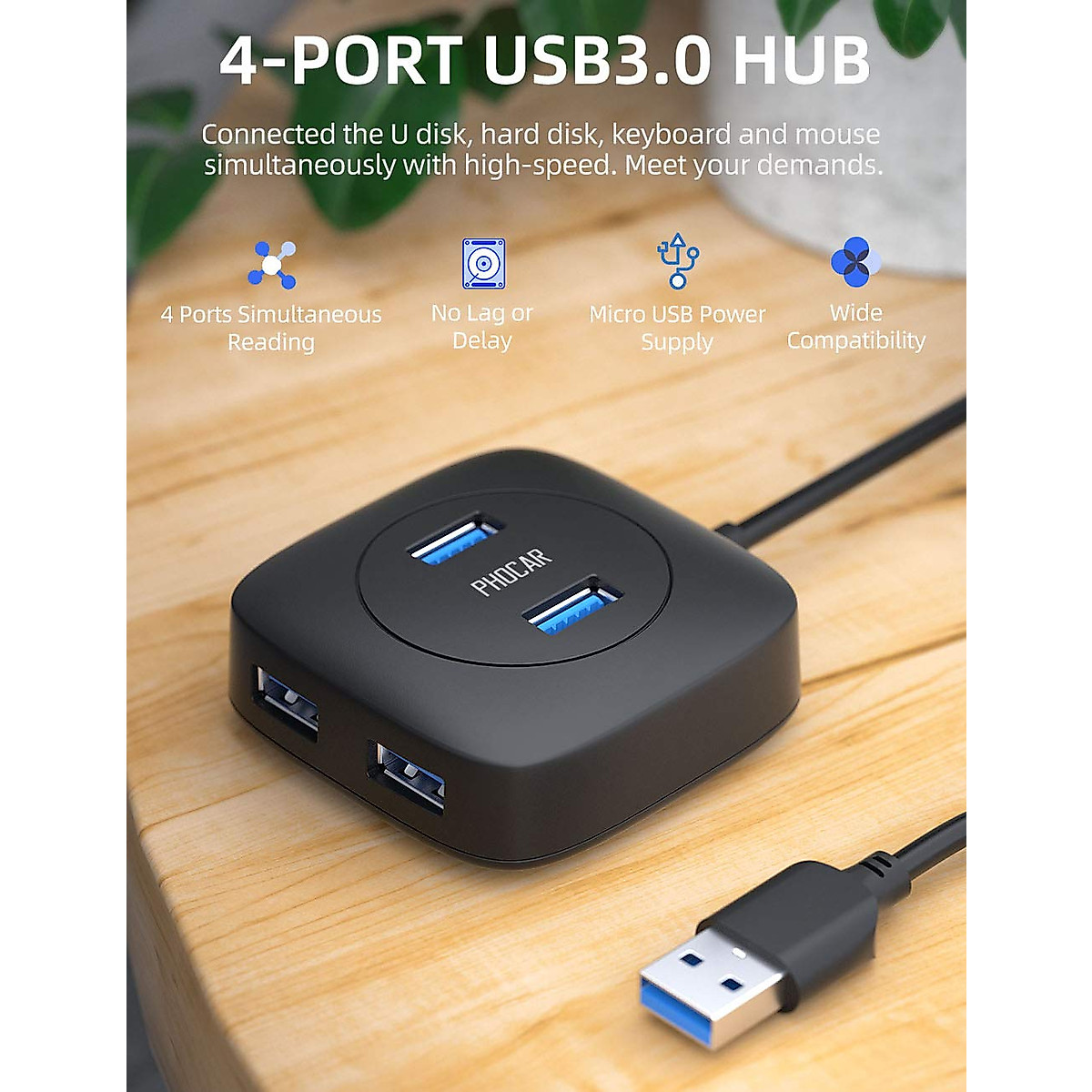 USB 3.0 HUB PHOCAR 4 Port USB Data HUB with 1.5ft Extension Cable Portable High Speed USB Extender Compatible with MacBook Pro, iMac, Surface Pro, XPS, PC, Flash Drive, Mobile HDD etc. -Black