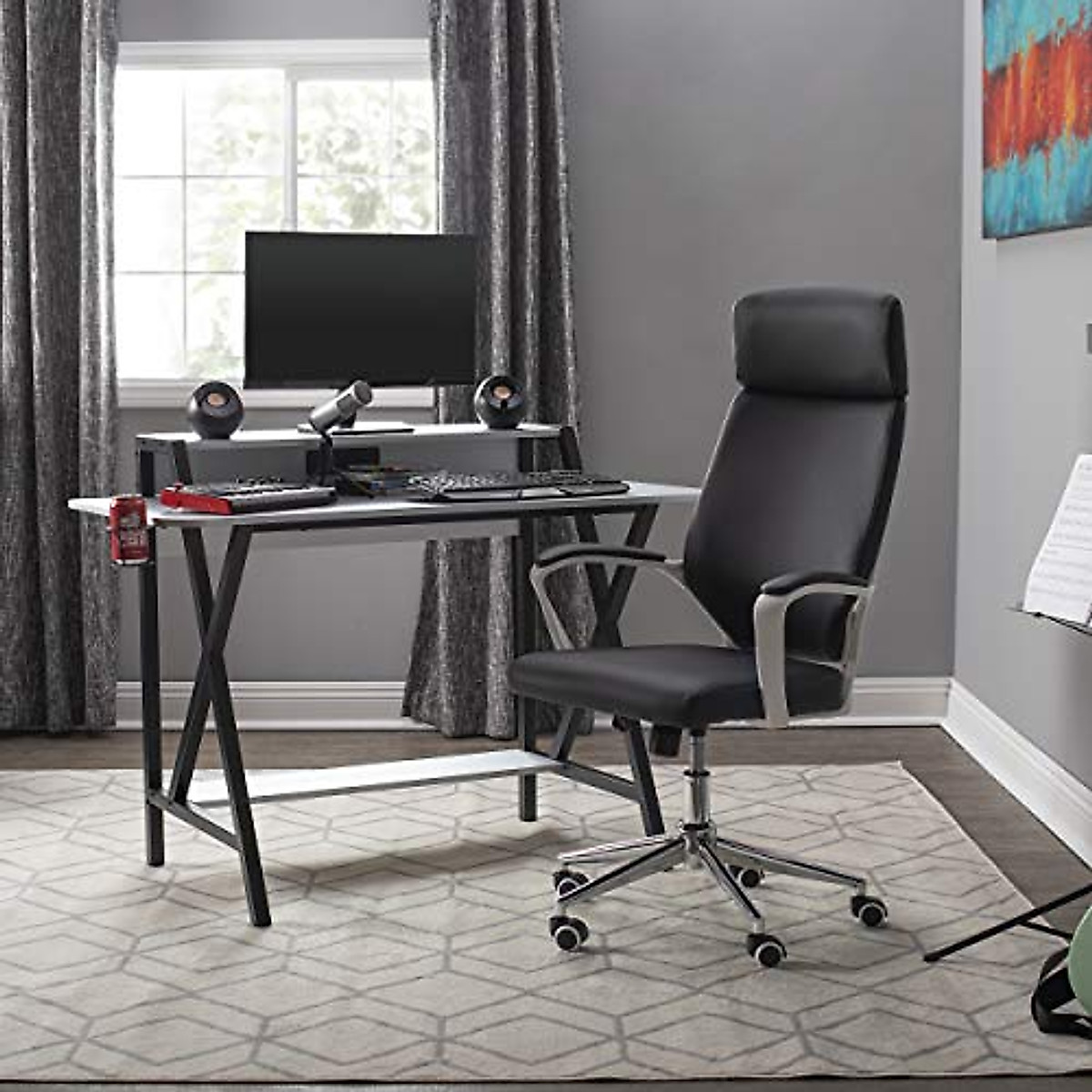 Calico Designs High Back, Height and Tilt Adjustable, Modern Executive Chair with Padded Arms and Chrome Base in White/Black PU