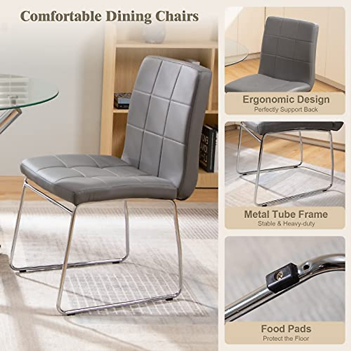 5 Pieces, Dinner Table Set for 4, Dining Table Set for 4, 1 Round Glass Dining Table and 4 Faux Leather Kitchen Chairs for Dining Room, Small Space, Apartment, Living Room, Chrome Metal Legs, Grey