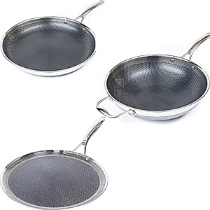HexClad 3 Piece Hybrid Stainless Steel Cookware Set - 12 Inch Fry Pan, 12 Inch Griddle Skillet, 12 Inch WoK - Stay-Cool Handle - Dishwasher Safe, Non Stick, Works on Induction, Gas, & Electric Stove