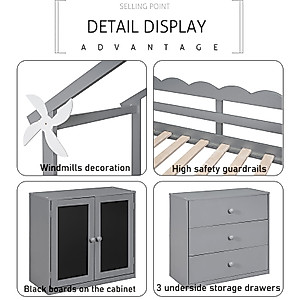 CITYLIGHT Twin Size House Loft Bed with Storage Cabinet and 3 Drawers, Wood Loft Bed Twin with Roof, Blackboards and Guardrail, Kids Playhouse Bed Twin for Teens, Boys, Girls, Grey