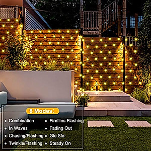 Solar Led Net Lights,100 LEDs Net Mesh Tree-Wrap Lights 4.9ft x 4.9ft,Dark Green Cable,8 Modes Outdoor String Decorative Lights for Window Wall Background Camping Beach Garden Patio (Warm White)