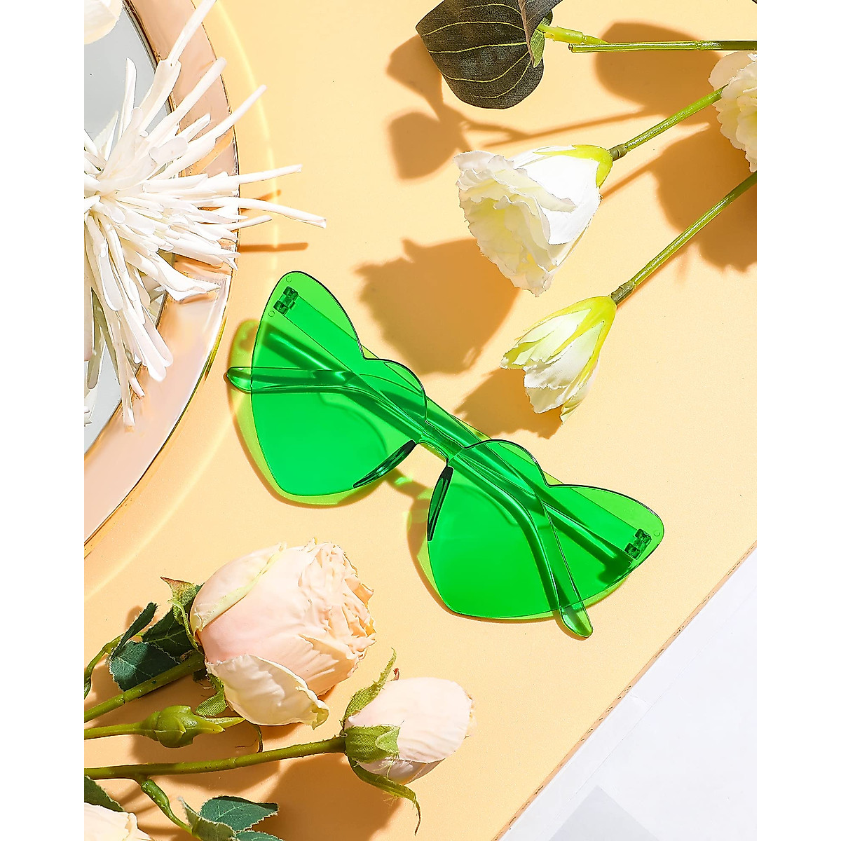Dllween Green Heart Shaped Sunglasses Rimless Heart Sunglasses Colorful Heart Glasses for Women Party Favor, 8 Pairs