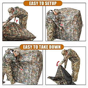 T-Shape Hunting Blind 2-3 Person with Tri-Leg Hunting Stool, 270 Degree See Through Pop up Ground Blinds for Deer Turkey Duck Hunting, Bow Hunting Adjust Windows with Silent Zipper