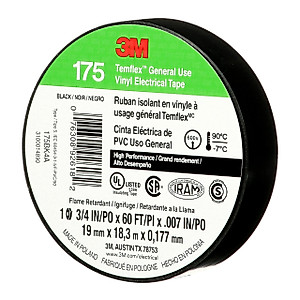 3M Temflex Vinyl Electrical Tape 175, Flame Retardant, Pressure-Sensitive Adhesive, Electrical and Mechanical Protection, Black, 7 mil, 3/4 in x 60 ft, 10 Rolls