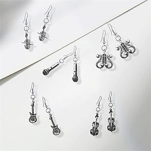 WUWEIJIAJIA 12 Pairs Lightweight Handmade Vintage Silver Music Note Dangle Drop Earrings Sets Musical Instrument Guitar Violin Earrings for Women Music Lover (Silver)