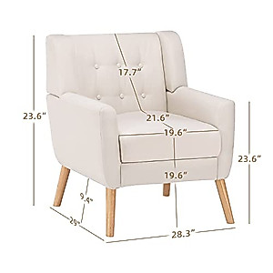 IDEALISMLIVING Accent Sofa Chair with Solid Wood Legs, Upholstered Button Tufted Mid Century Modern Reading Armchair for Bedroom, Living Room, Study Room (Beige)
