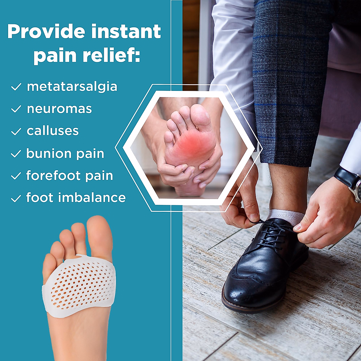 Homergy Metatarsal Pads for Women/Men, 4 Pack, FSA HSA Eligible, Soft Gel Reusable Breathable Sleeve Pads, Ball of Foot Cushions, Forefoot Cushioning Shoe Supports for Pain Relief, Mortons Neuroma