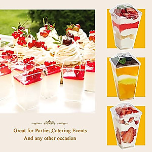 JOLLY CHEF 100 x 3 oz Mini Dessert Cups with Spoons and Lids, Square Tall - Clear Plastic Parfait Appetizer Cup - Small Reusable Serving Bowl for Party Desserts Appetizers