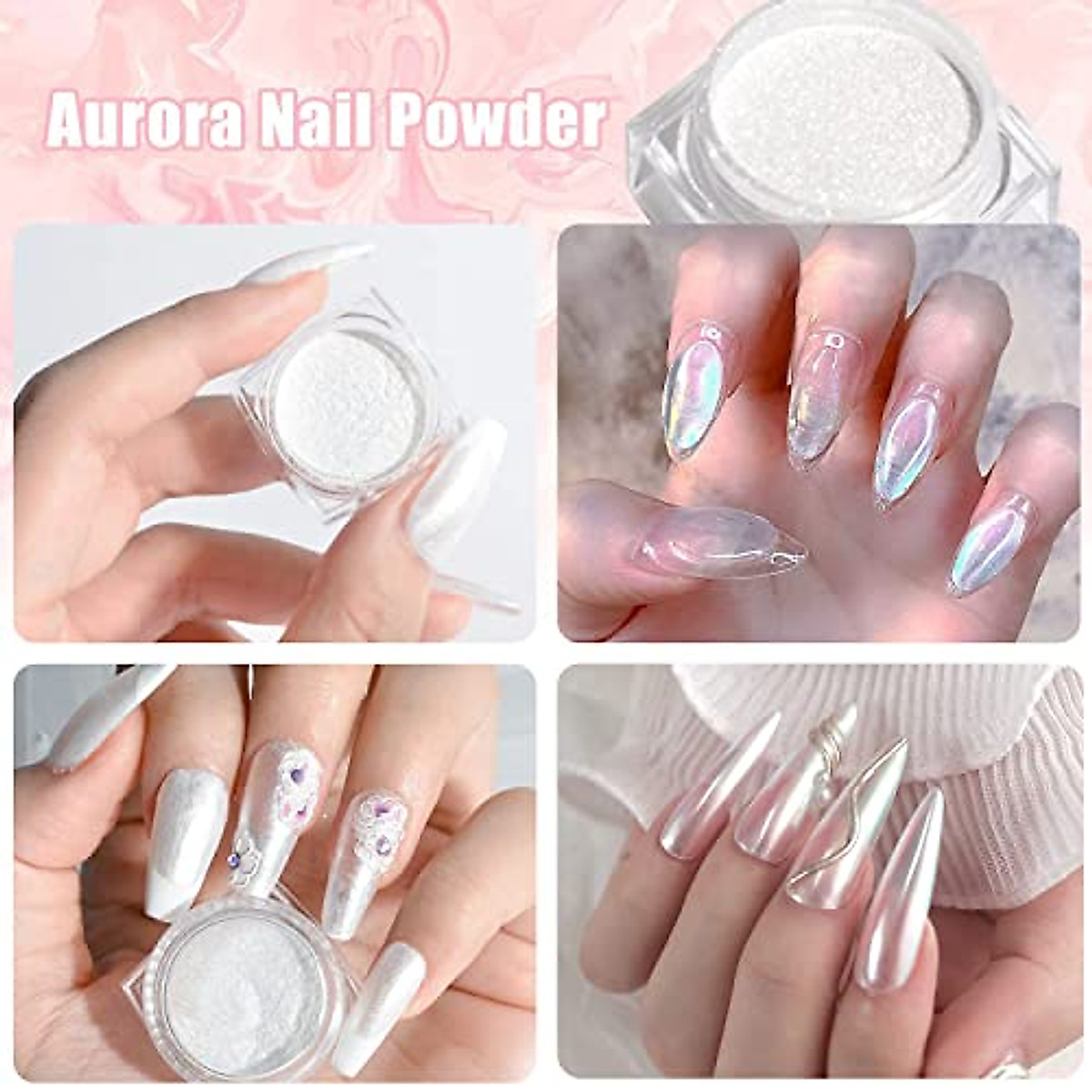 White Pearl Chrome Nail Powder, Pearlescent White Iridescent Nail Powder, High Gloss Glitter Nail Art, Jewelry Mermaid Pearl Neon Nail Powder, Nail DIY Metallic Pigment Powder with Sponge Stick (1pcs)