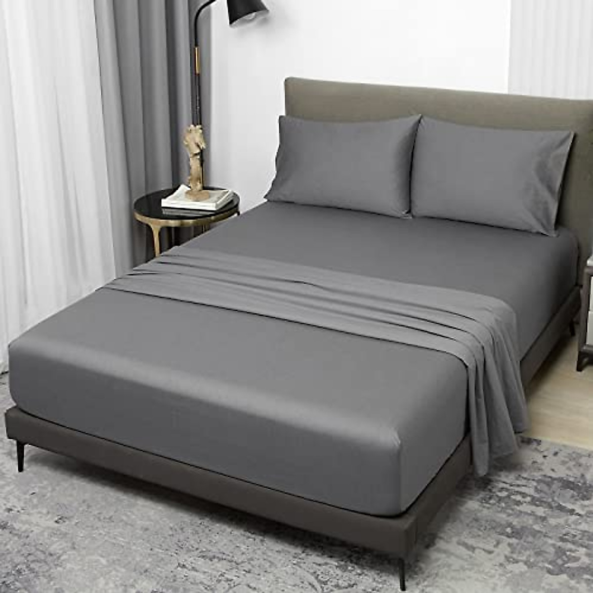 HYPREST Extra Deep Pocket Queen Sheet Sets Fits 18"-24" in Deep Mattress -100% Cotton Queen Sheet Set 400 Thread Count,Grey Hotel Luxury Soft Wrinkle Free Cooling Sheet Sets for Queen Bed Deep Pocket
