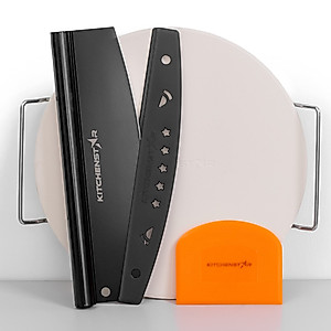KitchenStar Pizza Stone for Oven and Grill 12 inch + Pizza Cutter Rocker 12" Black - Pizza Making Set Bundle - Premium Pizza Oven Accessories and Tools