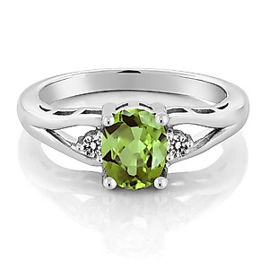 Gem Stone King 925 Sterling Silver Green Peridot and White Topaz 3 Stone Ring For Women | 1.50 Cttw | Gemstone Birthstone | Oval 8X6MM | Available In Size 5,6,7,8,9