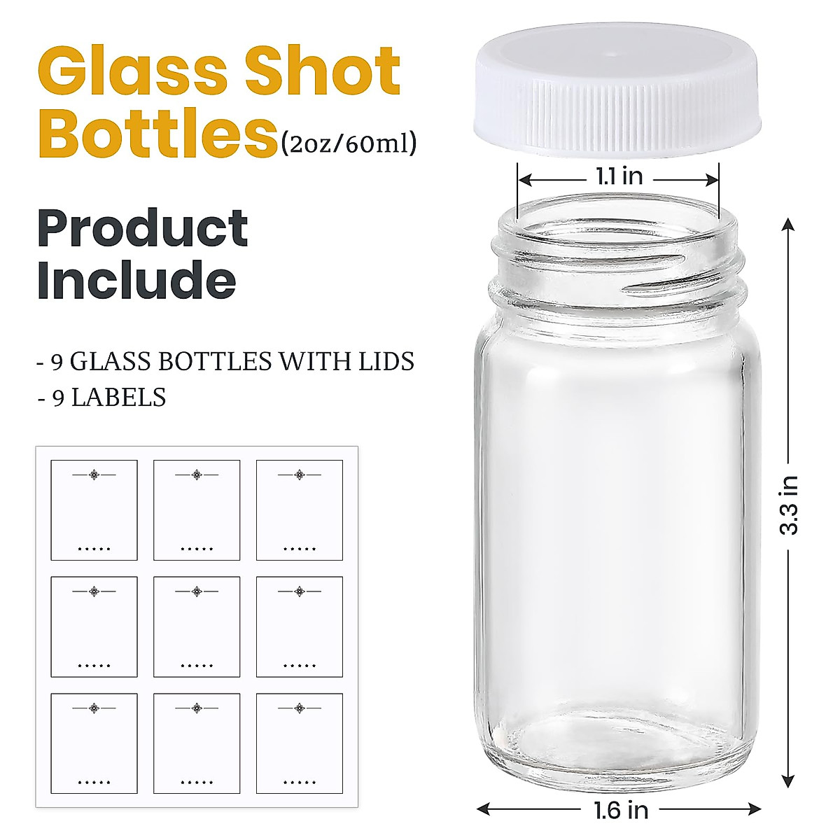 9 Pack 2 oz Glass Shot Bottles w/ White Lids & 9 Labels - Small Clear Jar for Ginger, Wellness Shot, Juice, Sample, Whiskey - Travel Essentials Mini Bottles - Wide Mouth, Leakproof, Dishwasher Safe