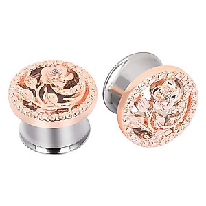 Stuppendux Stainless Steel Gold Diamond Rose Double Flared Flesh Ear Tunnels Plugs Stretcher Expander Kit Gauge 0g 8mm