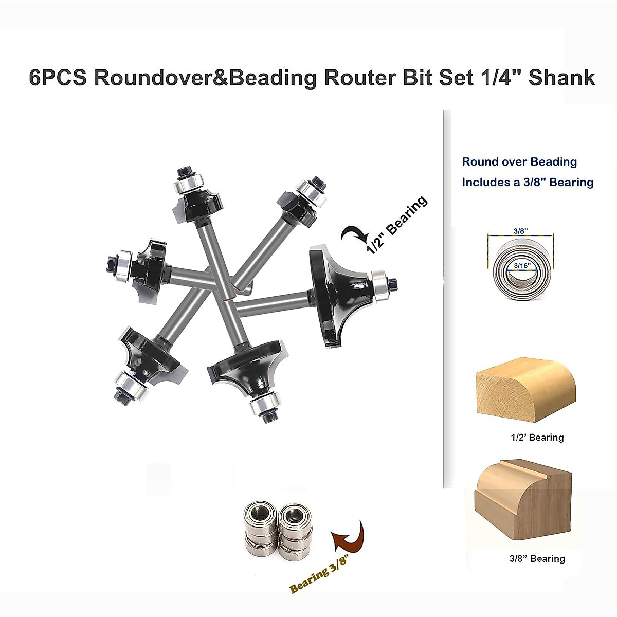 Sinoprotools 6pcs Roundover Router Bits Set 1/4 Shank, with 6 Bearings 3/8" Corner Round Over Router Bits, Carbide Roundover Bits for Rounding Edge Forming (Radius 1/16" 1/8" 3/16" 1/4" 3/8" 1/2")