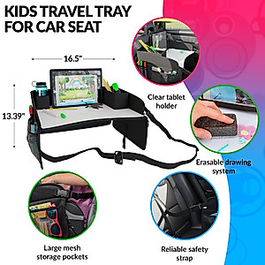 AMZ Supply Kids Travel Tray, 6 Compartments, Tablet Stand. Folding Travel Tray for Kids Car Seat. Compact Car Seat Tray for Kids Travel. Travel Table for Kids in Car. Toddler Travel Tray for Car Seat