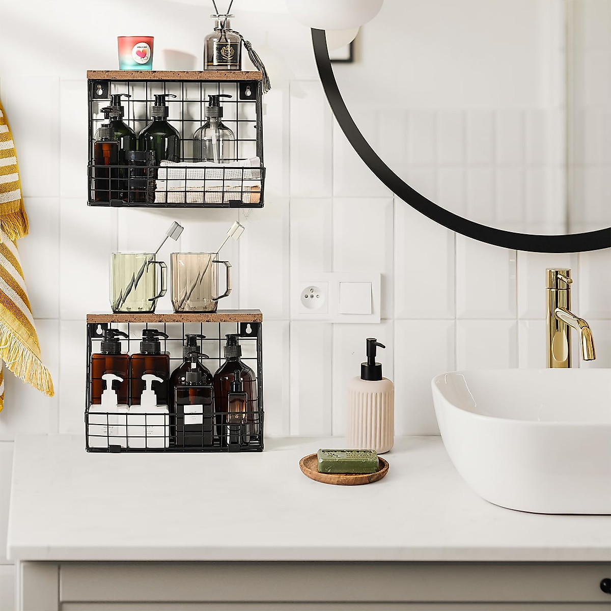 2 Pack Stackable Fruit Baskets with Wood Lid for Kitchen Counter, Wall-Mountable Hanging Wire Baskets with 4 Banana Hanger Hooks, Kitchen Organizers and Storage for Vegetable Onion Potato