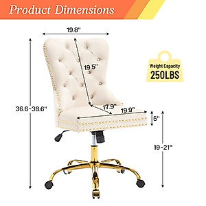 KCC Velvet Home Office Chair with Gold Metal Base & Nailhead Trim, Modern Swivel Upholstered Tufted Task Chair, Adjustable Wingback Armless Desk Chair for Living Room/Bedroom(Beige)