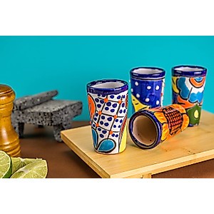 MEXTEQUIL - Talavera Shot Glasses Set of 4 Authentic Mexican Tequila Shot Glasses - Hand-painted - 2 Oz (Flowers)
