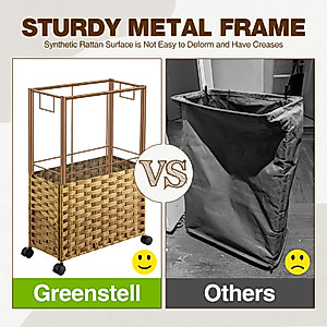 Greenstell Laundry Hamper with Wheels, 45L Slim Laundry Basket with 2 Removable Liner Bags & 2 Mesh Bags, Narrow Dirty Clothes Basket, Handwoven Rattan Organizer in Bathroom, Bedroom, Natural