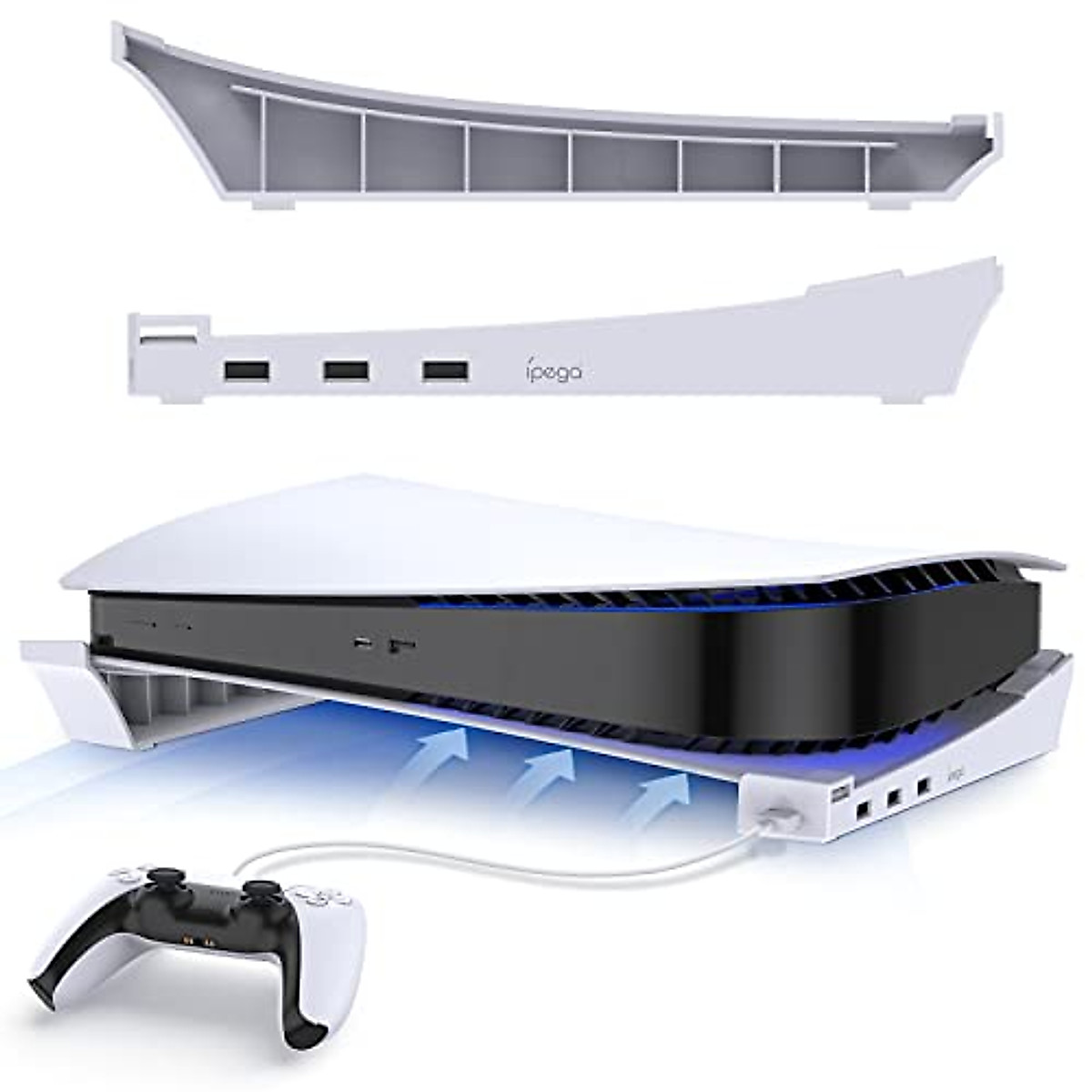FASTSNAIL Horizontal Stand for PS5 with 4 USB Extension, Cabinet Console Laydown Holder with Charging Data USB Hub, Accessories Stand Compaitble with Playstation 5 Disc & Digital Edition Console